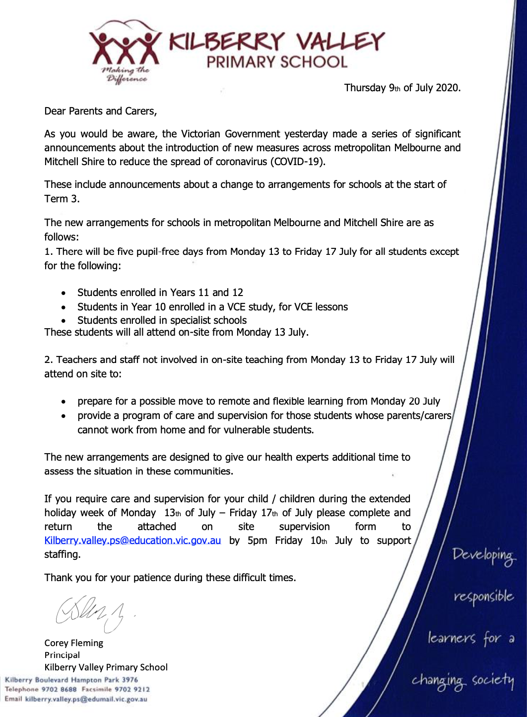 2020 - Term 3 - Week 1 - Holiday Care Parent Letter